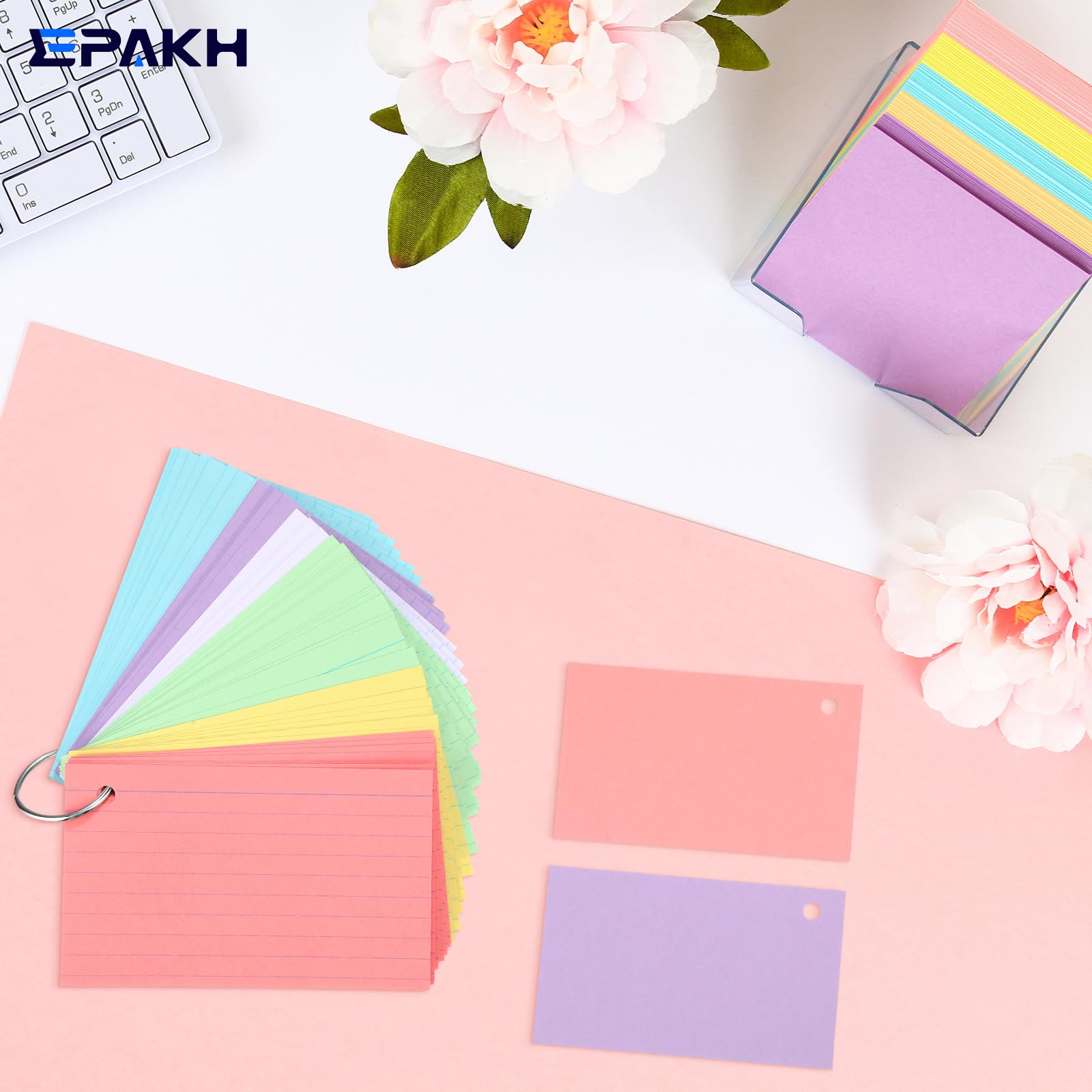 Epakh 300 Pieces Back to School Index Cards 180 GSM Thick Flashcards with Rings Punched Index Flashcards on a Ring Ruled Note Cards for Adults Home(3 x 5 Inch,Light Color)