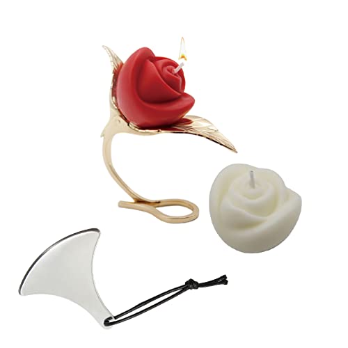 Zestler Bundles Candle Holder Set with 2 Rose Candles in White and red Plus a Stainless Steel Wax Removal Blade