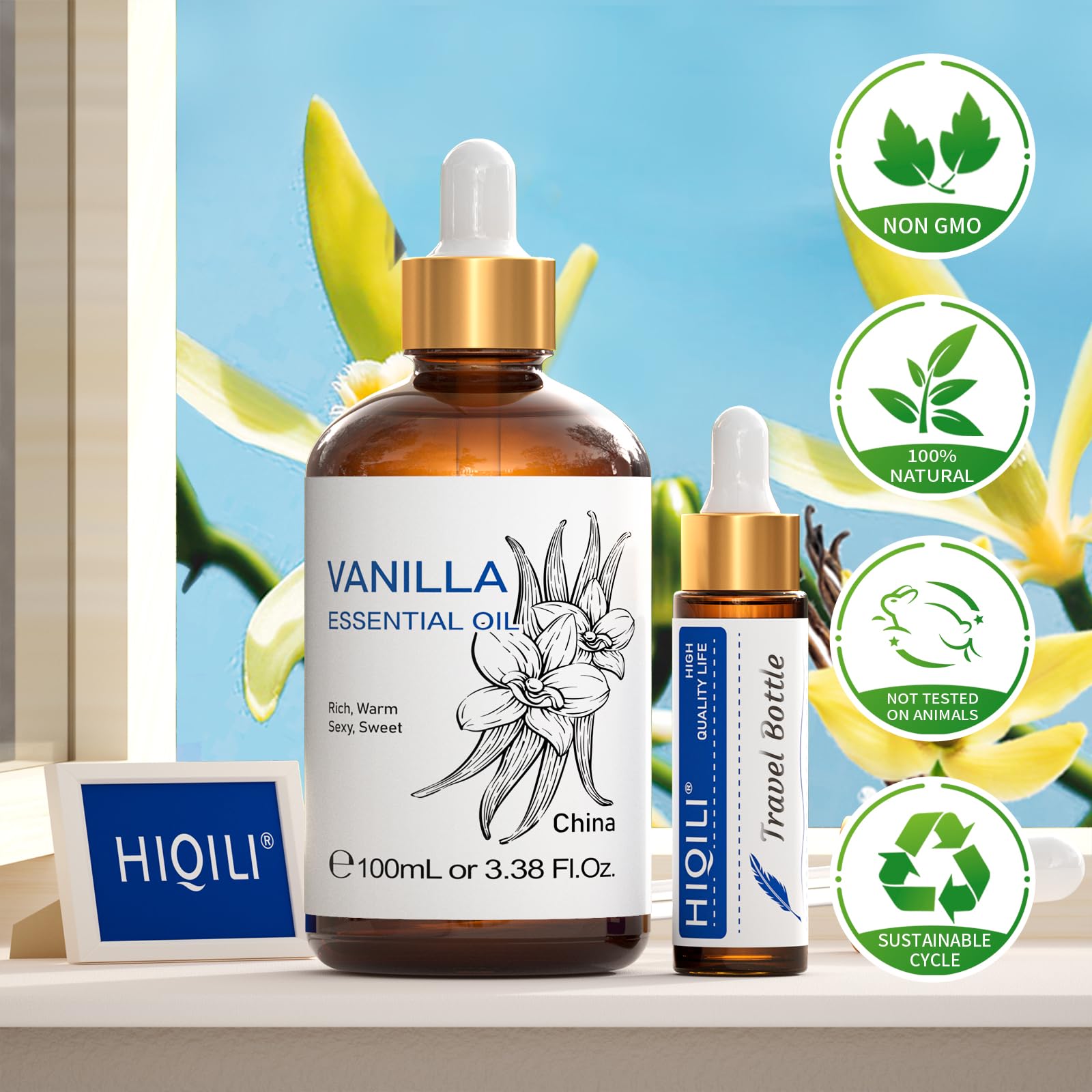 HIQILI Vanilla Essential Oil, Undiluted Natural Strong Fragrance Add in Skin Perfume, Unscented Lotion, Candle Soap Making Scent, Relax at Home with Diffuse Warm Sweet Aroma-100ML
