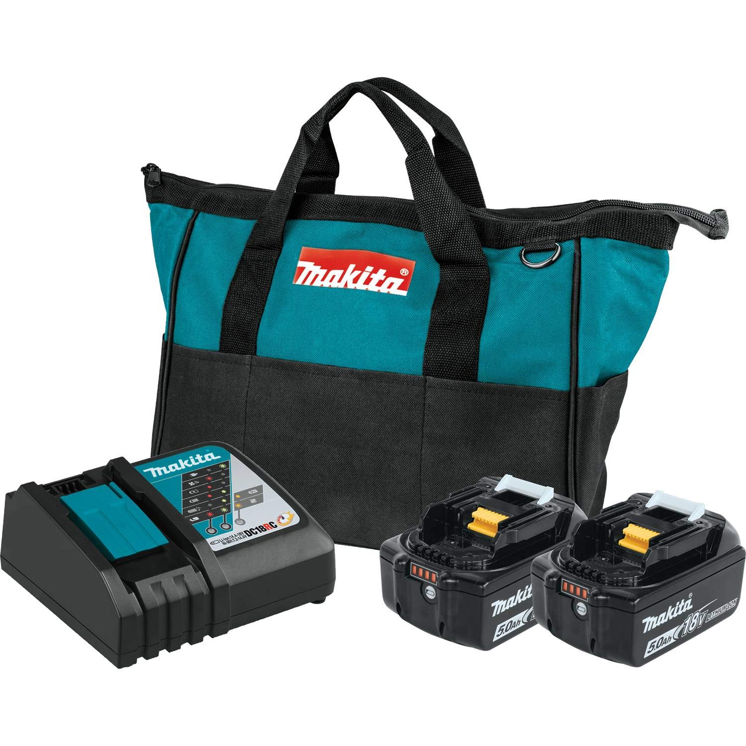 Makita BL1850BDC2 18V LXT Lithium-Ion Battery and Rapid Optimum Charger Starter Pack (5.0Ah) with DMP180ZX 18V LXT Lithium-Ion Cordless Inflator