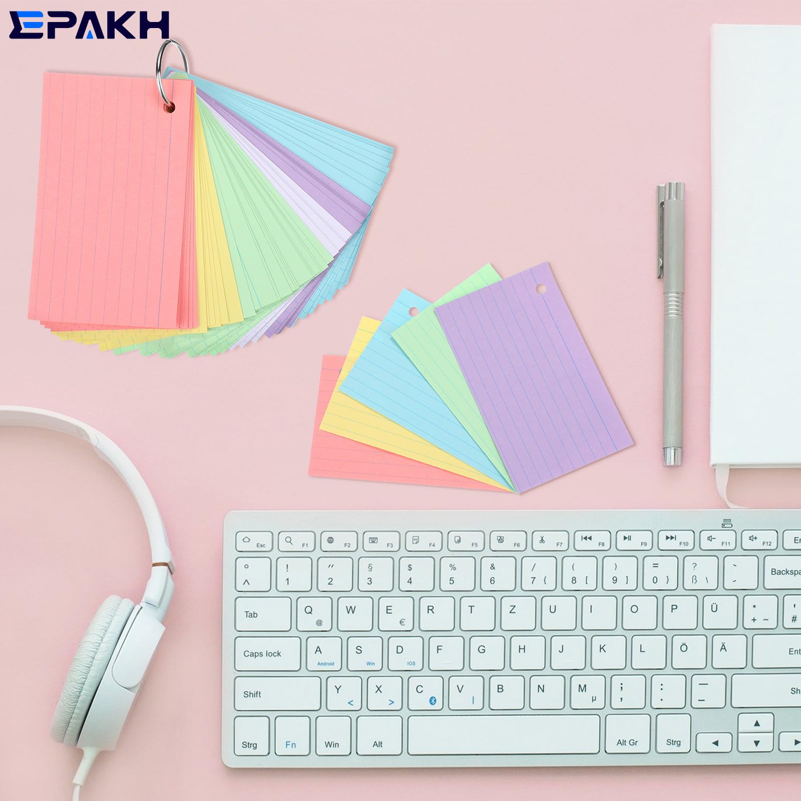Epakh 300 Pieces Back to School Index Cards 180 GSM Thick Flashcards with Rings Punched Index Flashcards on a Ring Ruled Note Cards for Adults Home(3 x 5 Inch,Light Color)