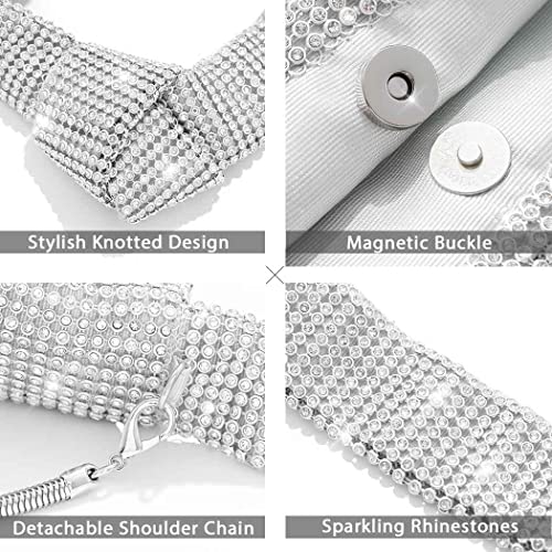 Yokawe Rhinestone Purses for Women Evening Bag Sparkly Mini Hobo Bag Vacation Party Club Wedding Handbag (Silver)