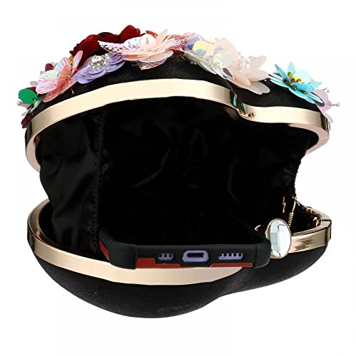 Heart Shape Purse Floral Clutch Purse for Women Mini Vintage Flower Evening Handbag Shoulder Bag (Black)