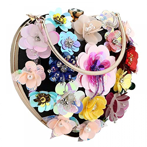 Heart Shape Purse Floral Clutch Purse for Women Mini Vintage Flower Evening Handbag Shoulder Bag (Black)