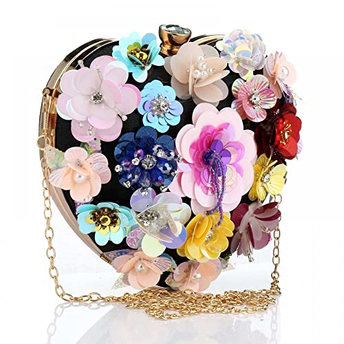 Heart Shape Purse Floral Clutch Purse for Women Mini Vintage Flower Evening Handbag Shoulder Bag (Black)