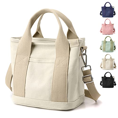 Canvas Tote Bag for Women Handbag Mini Tote Bag with Pockets,Small Canvas Tote Bag with Zipper Fashion Crossbody Shoulder bag Japanese Handmade Tote Bag Aesthetic Small Satchel Bag with Shoulder Strap
