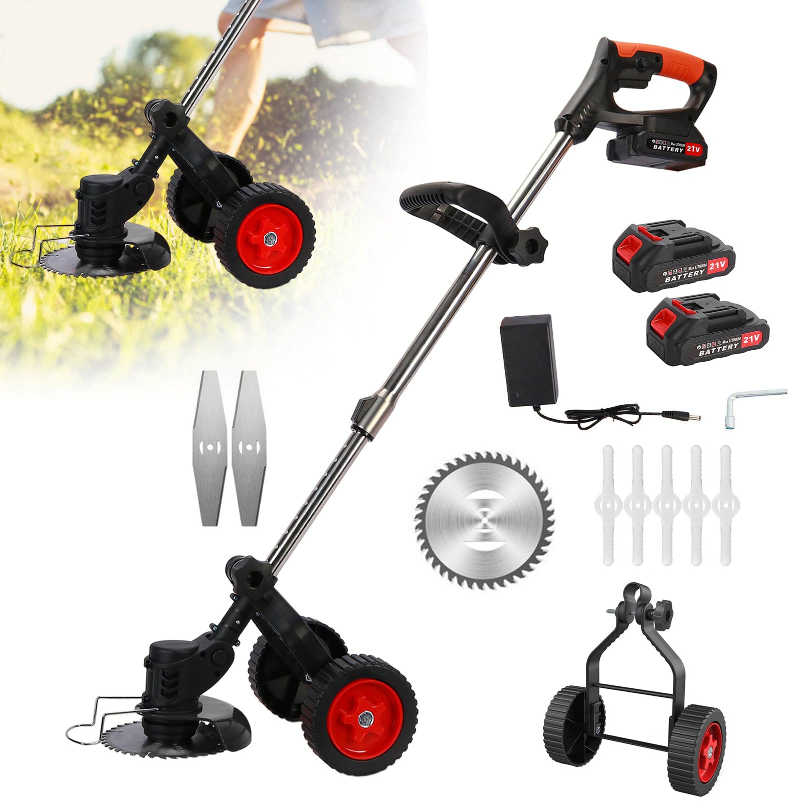 Cordless Grass Trimmer Weed Wacker,21V 2Ah 3-in-1 Lightweight Push Lawn Mower & Edger Tool with 3 Types Blades,Adjustable Weed Eater for Garden and Yard