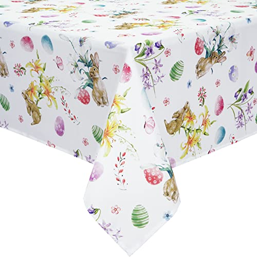 Easter Tablecloth, Bunny Eggs Table Clothes for Outdoor, Rectangular Spring Flower Colorful Table Cover, Waterproof Washable Table Cloth for Easter Dinner, Kitchen, Party Decor, 55 x 55 Inch