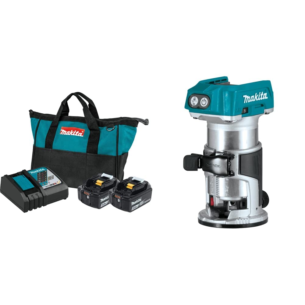 Makita BL1850BDC2 18V LXT Lithium-Ion Battery and Rapid Optimum Charger Starter Pack (5.0Ah) with XTR01Z 18V LXT Lithium-Ion Brushless Cordless Compact Router