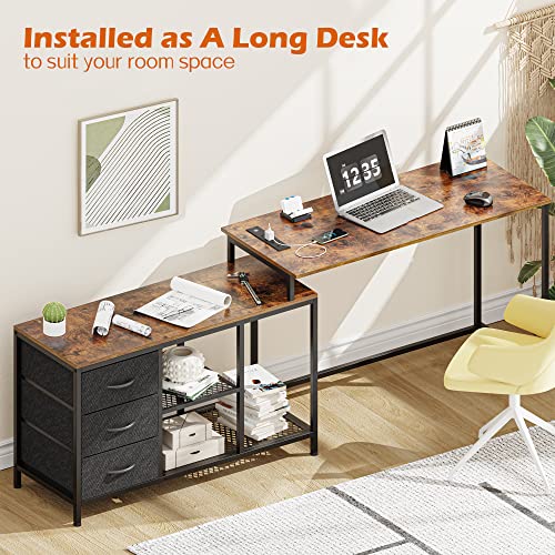SUPERJARE L Shaped Desk with Power Outlets, Computer Desk with Drawers & Shelves, Corner Desk Gaming Desk Home Office Desk, Rustic Brown