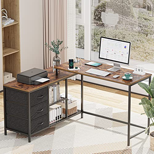 SUPERJARE L Shaped Desk with Power Outlets, Computer Desk with Drawers & Shelves, Corner Desk Gaming Desk Home Office Desk, Rustic Brown