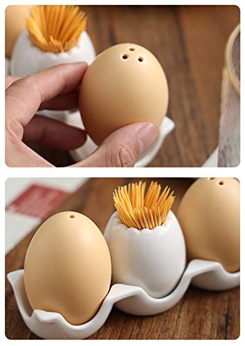 Egg-Shaped Ceramic Spice Shaker Seasoning Dispenser Flavor Ware Toothpick Jar Bottle With Holes, Porcelain Cruets Salt and Pepper Powder Tank with Tray for Barbecue Restaurant Kitchen Household Gift