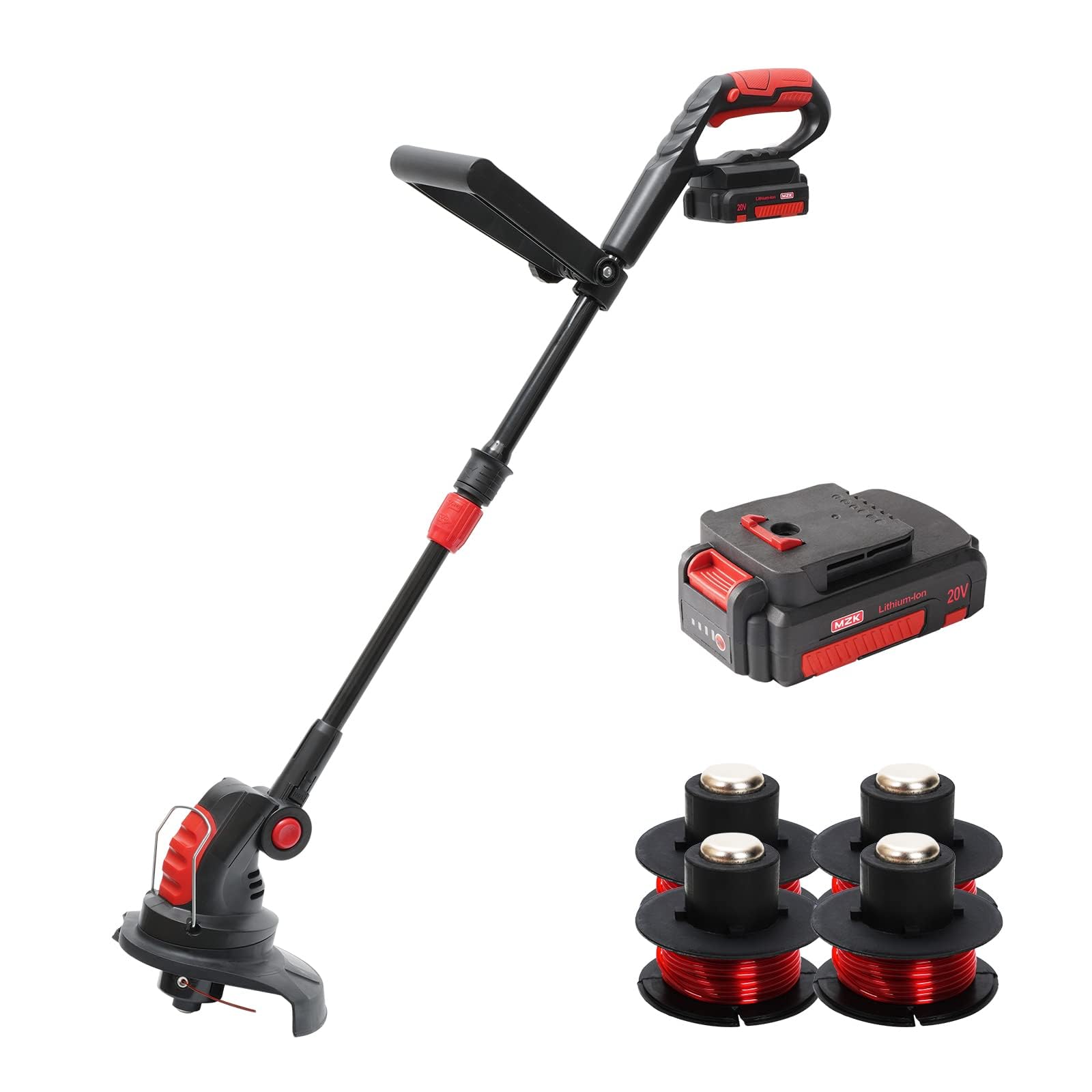 MZK String Trimmer, 20V Cordless Electric 12'' Grass Trimmer with Replacement Spools (4 Pack), Battery Powered Lightweight Weed Grass Trimmer/Edger, 8000 RPM 12-in 5.1lb Battery and Charger Included