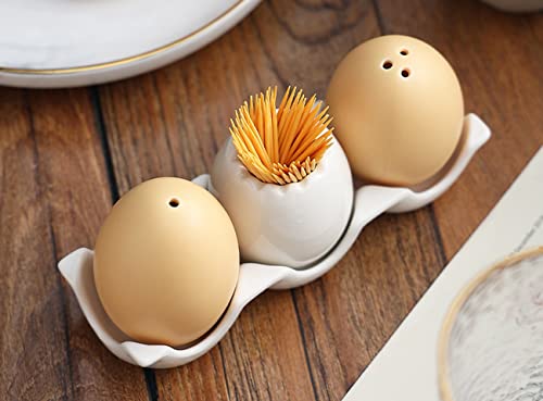 Egg-Shaped Ceramic Spice Shaker Seasoning Dispenser Flavor Ware Toothpick Jar Bottle With Holes, Porcelain Cruets Salt and Pepper Powder Tank with Tray for Barbecue Restaurant Kitchen Household Gift