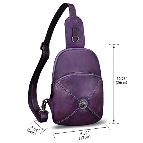 Genuine Leather Sling Bag for Women Sling Backpack Retro Chest Shoulder Vintage Handmade Hiking Crossbody Purse (Purple)