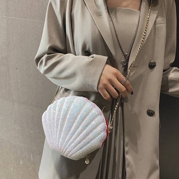 Women Seashell Shoulder Bag Glitter Sequin Cross-Body Bag Chain Strap Mermaid Evening Clutch Purse Handbag