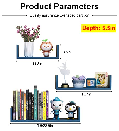 JDMTM Floating Shelves Floating Shelves Wall Mounted Set of 3 Rustic Wood Shelves for Wall Storage for Bedroom Bathroom Living Room Kitchen Laundry Room Storage & Decoration 11.8in,15.7in,23.6in Blue