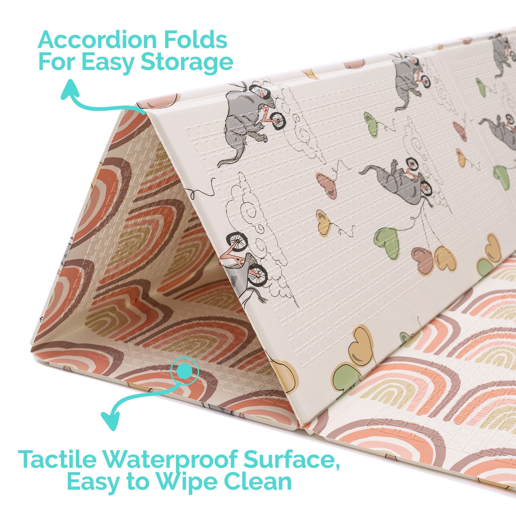 JumpOff Jo - Large Waterproof Foam Padded Play Mat for Infants, Babies, Toddlers, Play & Tummy Time, Foldable Activity Mat, 70 in. x 59 in. - Elephant & Rainbow, Pack of 1