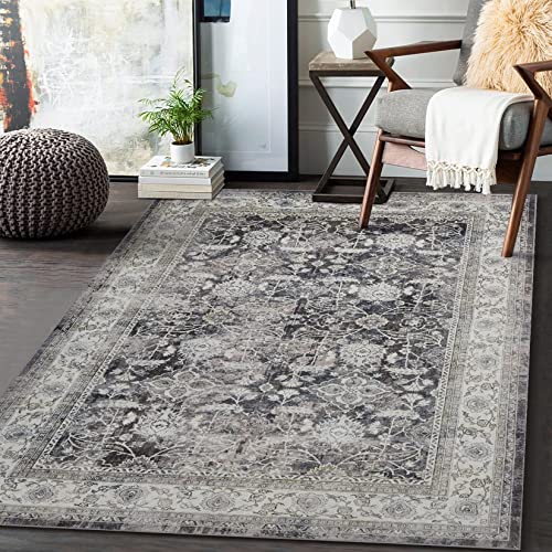 RUGSREAL Vintage Area Rug 5' x 7' Machine Washable Traditional Distressed Area Rugs Indoor Floor Cover Carpet Rug Velvet Mat Foldable Persian Accent Rug for Floor Decoration, Grey