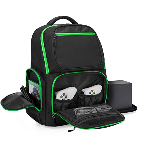 Trunab Travel Backpack Compatible with Xbox Series X Carrying Case Game Storage Bag with 2 Inner Spaces for Xbox X/S Console, Multiple Pockets for 15.6ā Laptop and Other Gaming Accessories, Black (Patent Pending)