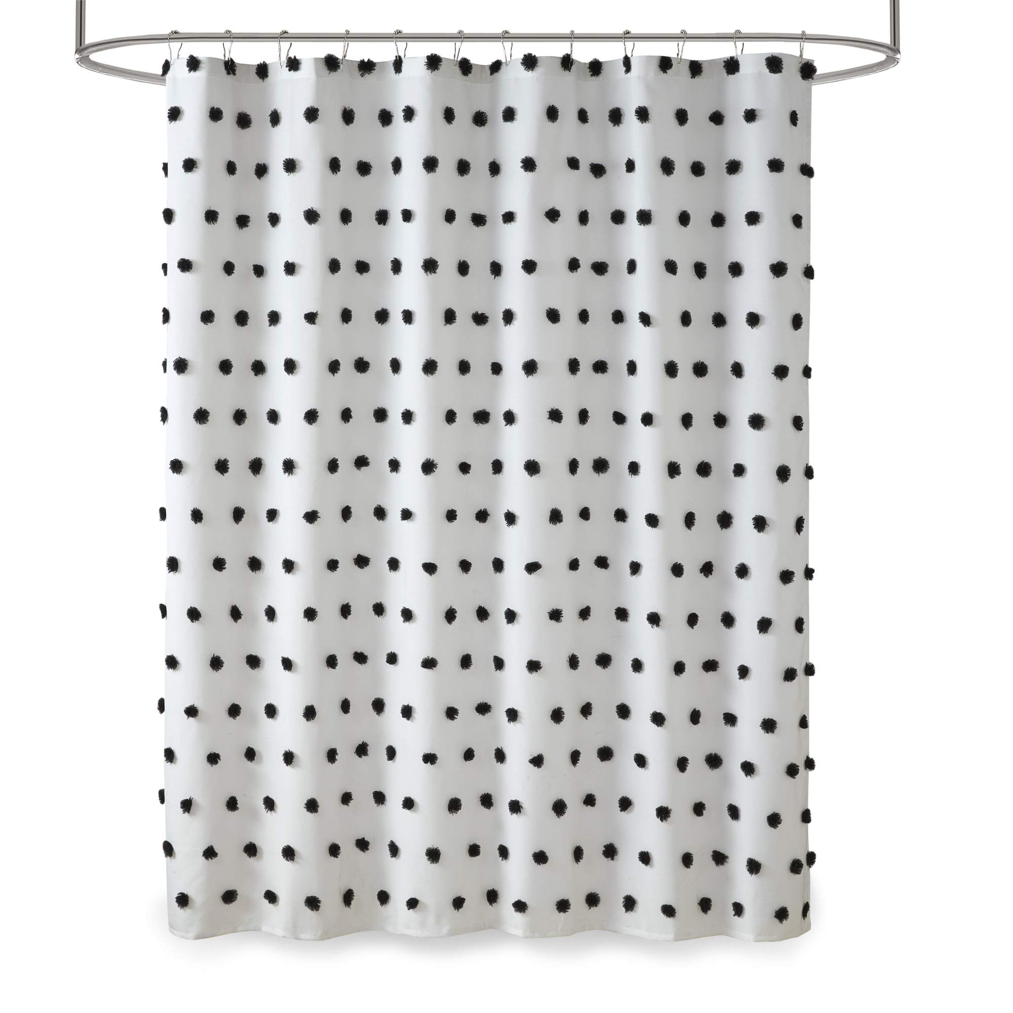 Madison Park Sophie Trendy Shower Curtain with Textured Pom-Poms Accent, Modern Bathroom Décor, Machine Washable Bath Privacy Screen, 72 in x 72 in, Black/White