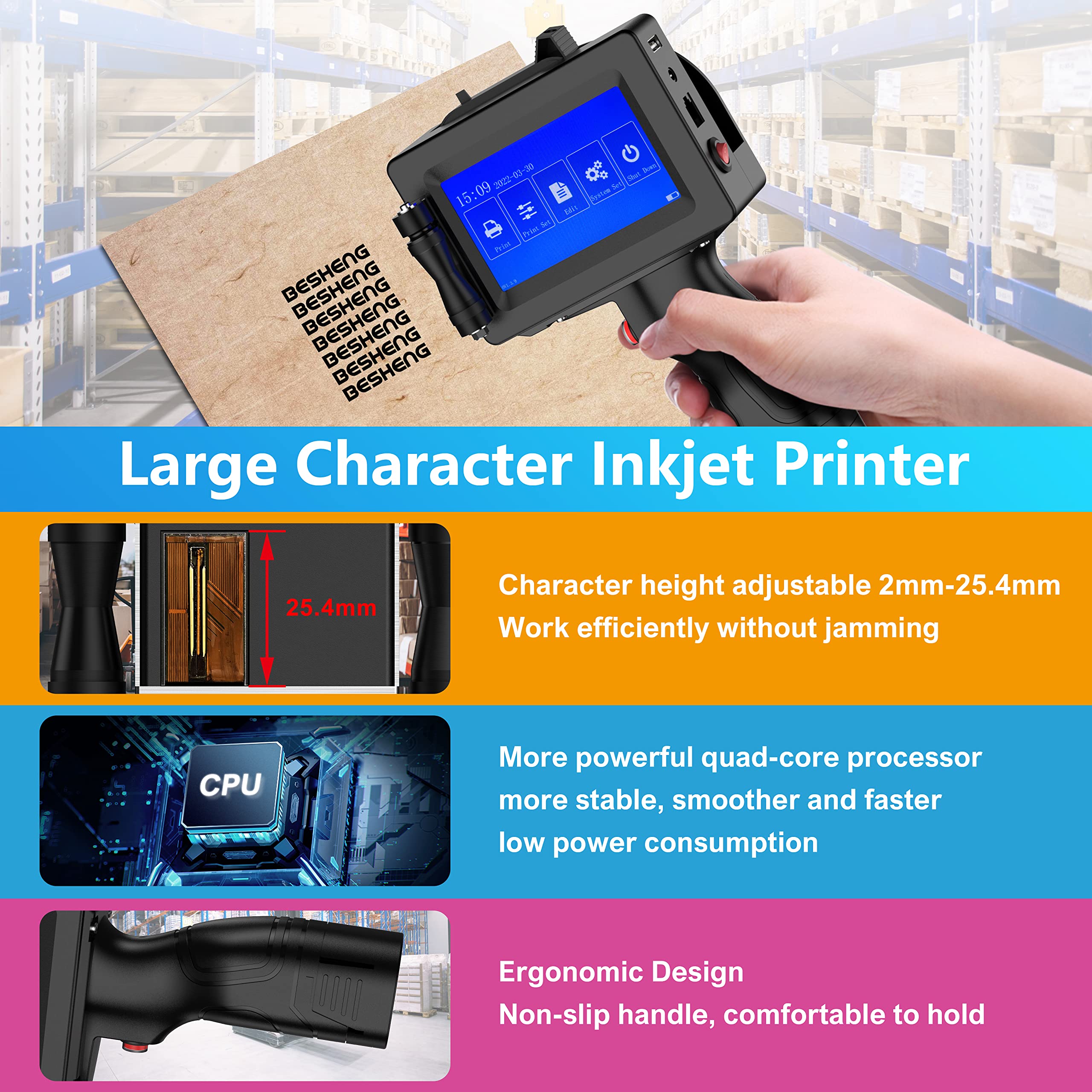 BESHENG Handheld Inkjet Printer JS12H2 Inkjet Coder Printing Height 0.08-1 Inch with Quick-Drying Ink Portable Handheld Printer with 4.3" Touch Screen for Date/Barcode/Label/Logo/QRcode Any Surface