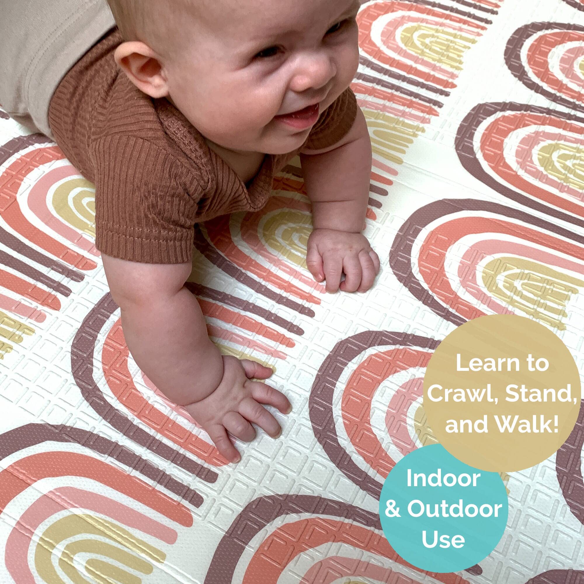 JumpOff Jo - Large Waterproof Foam Padded Play Mat for Infants, Babies, Toddlers, Play & Tummy Time, Foldable Activity Mat, 70 in. x 59 in. - Elephant & Rainbow, Pack of 1