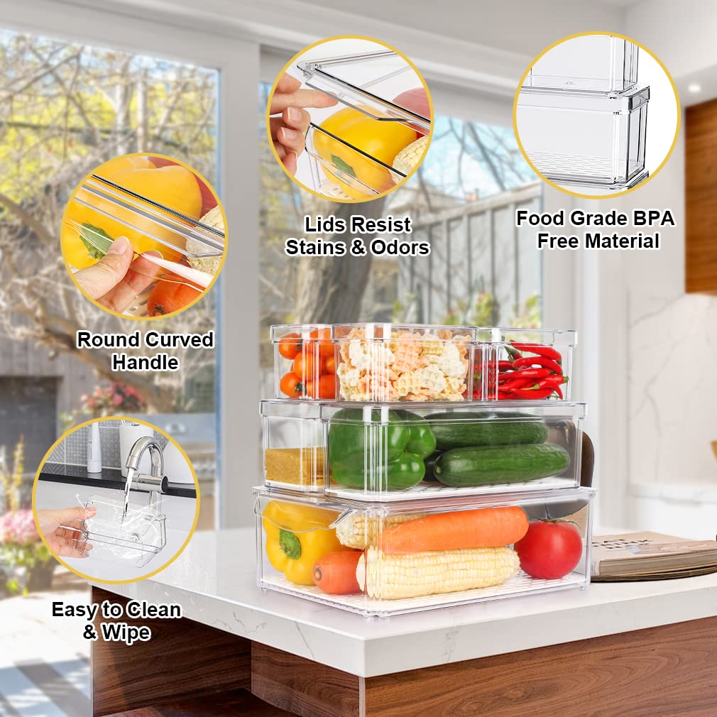 Set Of 7 Fridge Pantry Organizer Bins, 3 Size Stackable Clear Plastic Refrigerator Organizer Bin with Lids, BPA-Free Kitchen Food Organization and Storage for Fridge Drinks, Fruits, Vegetable, Cereals