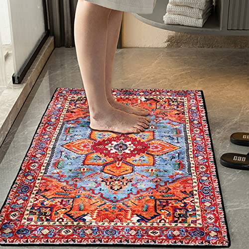 Bringsine Vintage Area Rug-2x3 Medallion Distressed Boho Entryway Doormat Faux Wool Indoor Floor Carpet Bathroom Kitchen Entry