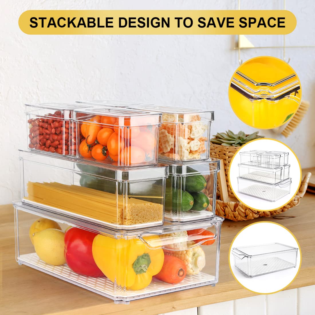 Set Of 7 Fridge Pantry Organizer Bins, 3 Size Stackable Clear Plastic Refrigerator Organizer Bin with Lids, BPA-Free Kitchen Food Organization and Storage for Fridge Drinks, Fruits, Vegetable, Cereals