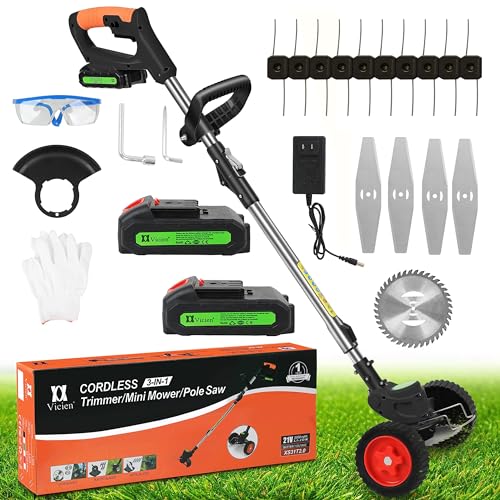 Weed Eater Battery Powered Weed Wacker with Blades, 3 in 1 Cordless Grass Trimmer Foldable and Lightweight, with 3 Types Blades and 2Pcs Li-Ion Batteries 21V 2Ah Black