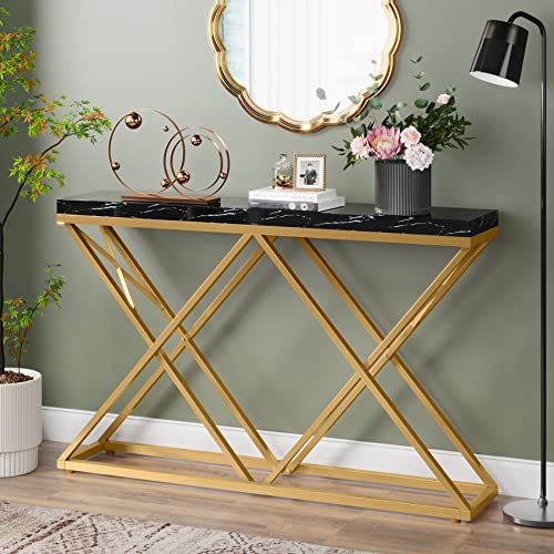 Tribesigns 55" Console Table, Modern Entryway Hallway Table with Diamond-Shaped Gold Metal Legs, Faux Marble Black Wood Sofa Table Foyer Table for Living Room, Entryway, Hallway, Black and Gold