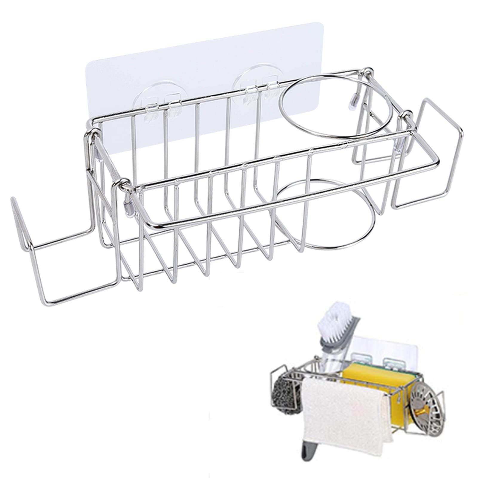 DHSUUUUP 5 in 1 Sponge Holder for Kitchen Sink,Brush Dish Towel Cloth Hanger or Holder.Hanging Sink Caddy.Adhesive Stainless Steel in-Sink Organizer Rack Basket .Sink Caddy with No Drilling