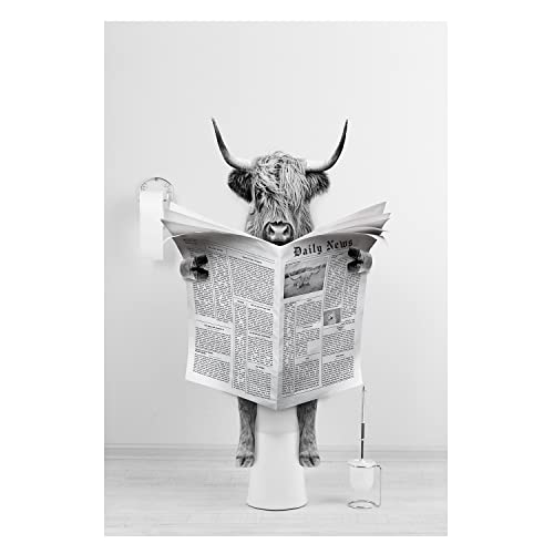ENBIDAVI Funny Highland Cow Wall Decor Black and White Cow Reading Newspaper on Toilet Canvas Art Print For Bathroom Farmhouse Bedroom Unframed 12x18 Inches