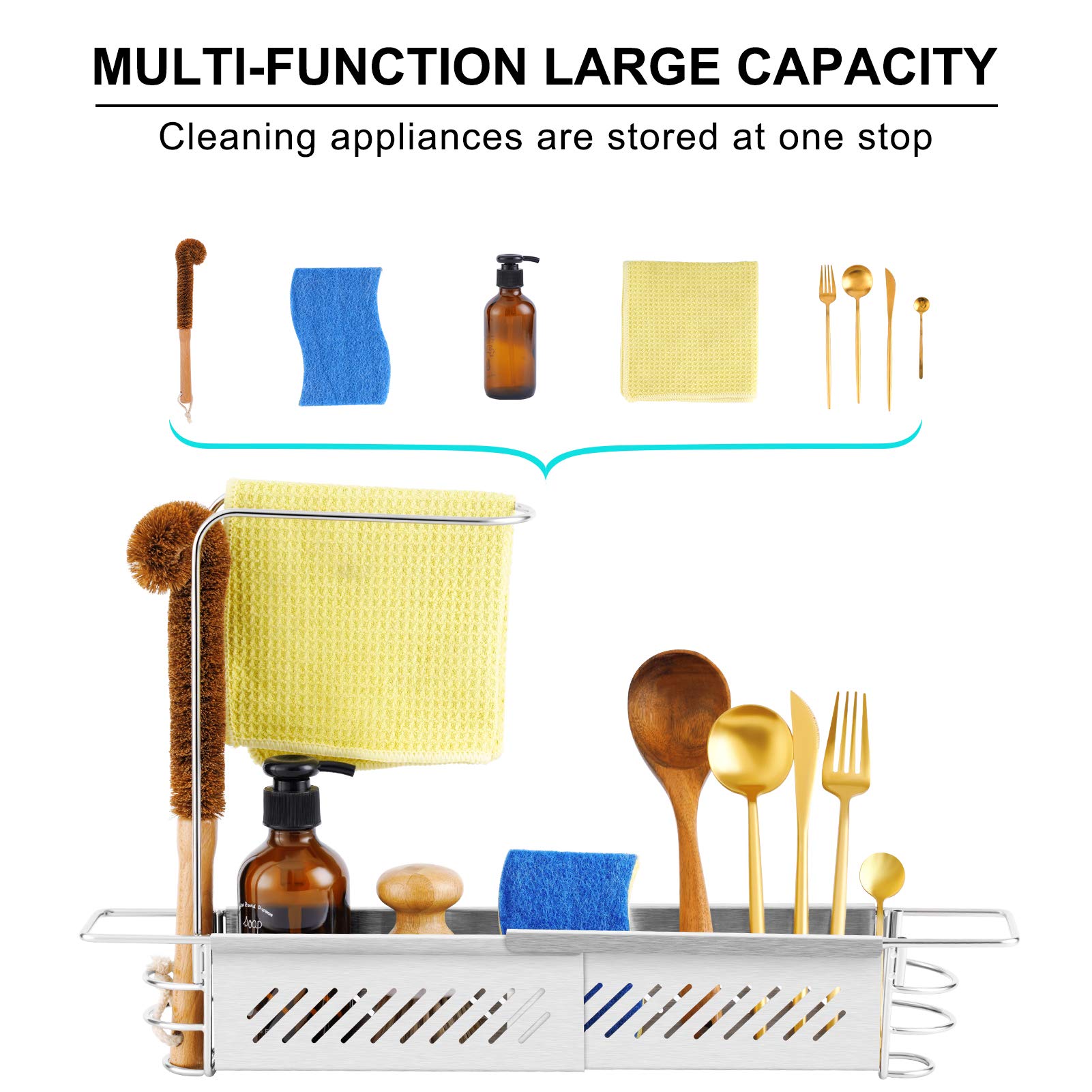 SUBEKYU Telescopic Sink Storage Rack Holder, Expandable Sink Caddy Kitchen Sink Organizer Sponge Holder, 304 Stainless Steel, Length 14.5--20 inches