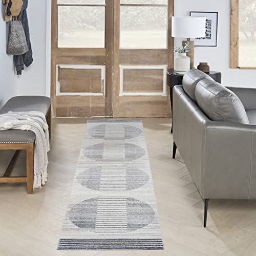 Nourison Astra Machine Washable Geometric Ivory Blue 2'2" x 12' Area -Rug, Easy -Cleaning, Non Shedding, Bed Room, Living Room, Dining Room, Kitchen (2x12)