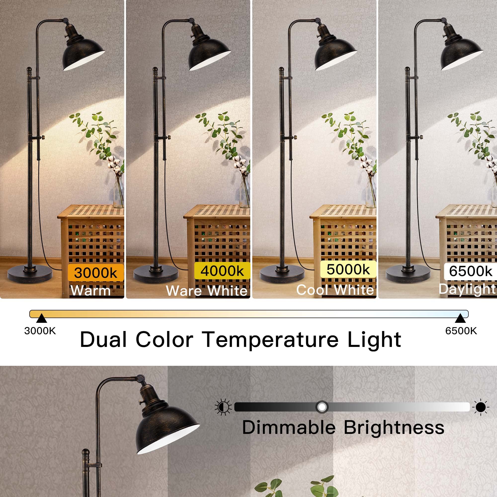 PARTPHONER Industrial Floor Lamp Adjustable, Rustic Farmhouse Reading Lamp in Aged Black Finish, Modern Standing Lamp with Remote Control Metal Shade for Living Room Bedroom Study Room Office Hotel
