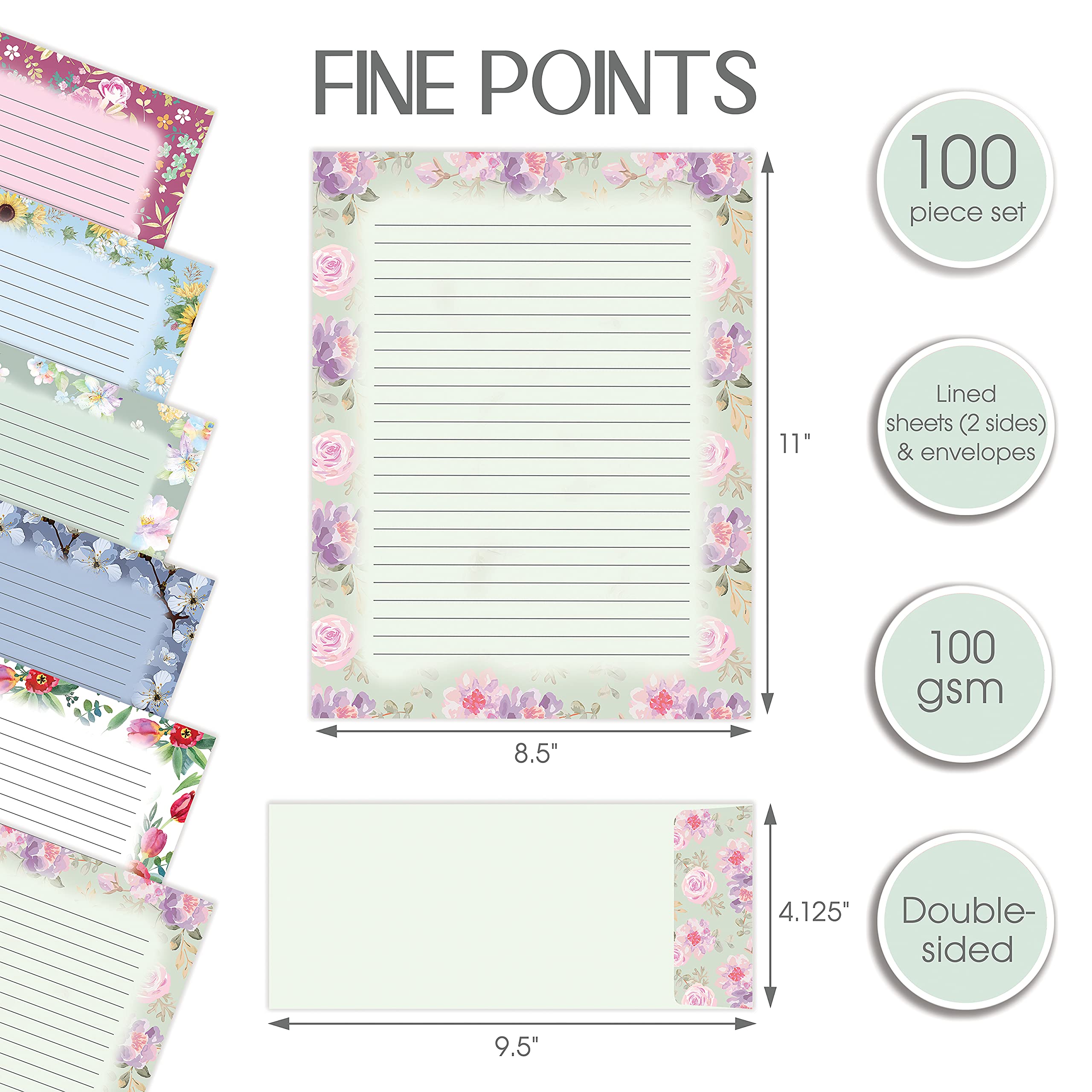 Floral Paper Stationery Set, 100 Piece Set (50 Lined Sheets + 50 Matching Envelopes), Letter Size 8.5 x 11 inch, 6 Designs, Double Sided/Lined Printing Paper, by Better Office Products