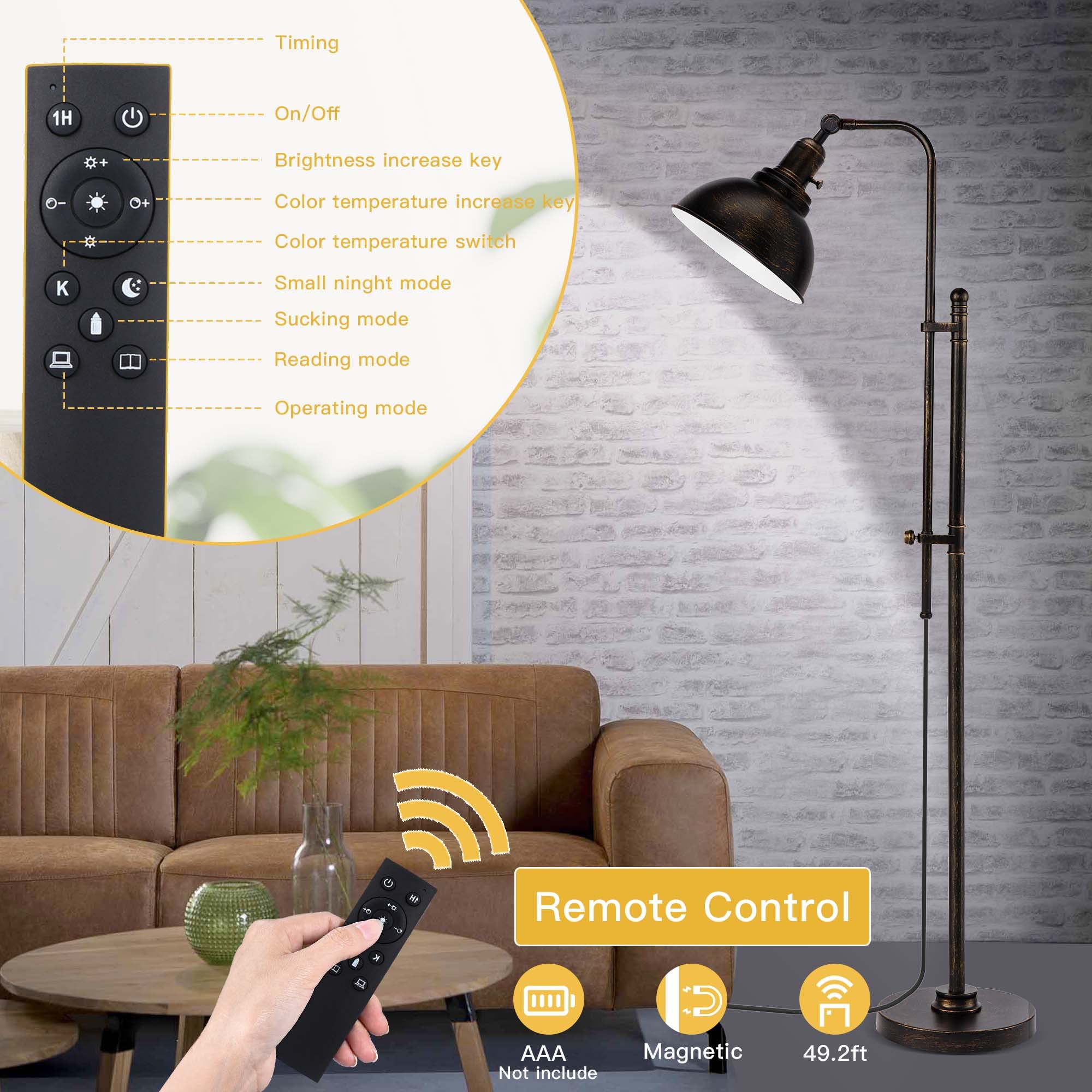 PARTPHONER Industrial Floor Lamp Adjustable, Rustic Farmhouse Reading Lamp in Aged Black Finish, Modern Standing Lamp with Remote Control Metal Shade for Living Room Bedroom Study Room Office Hotel