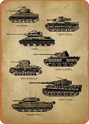 Decleezw WWII Tanks Metal Sign Retro Military Poster Prints Home Bar Pub Wall Decor Gifts for Military 12x8 Inch