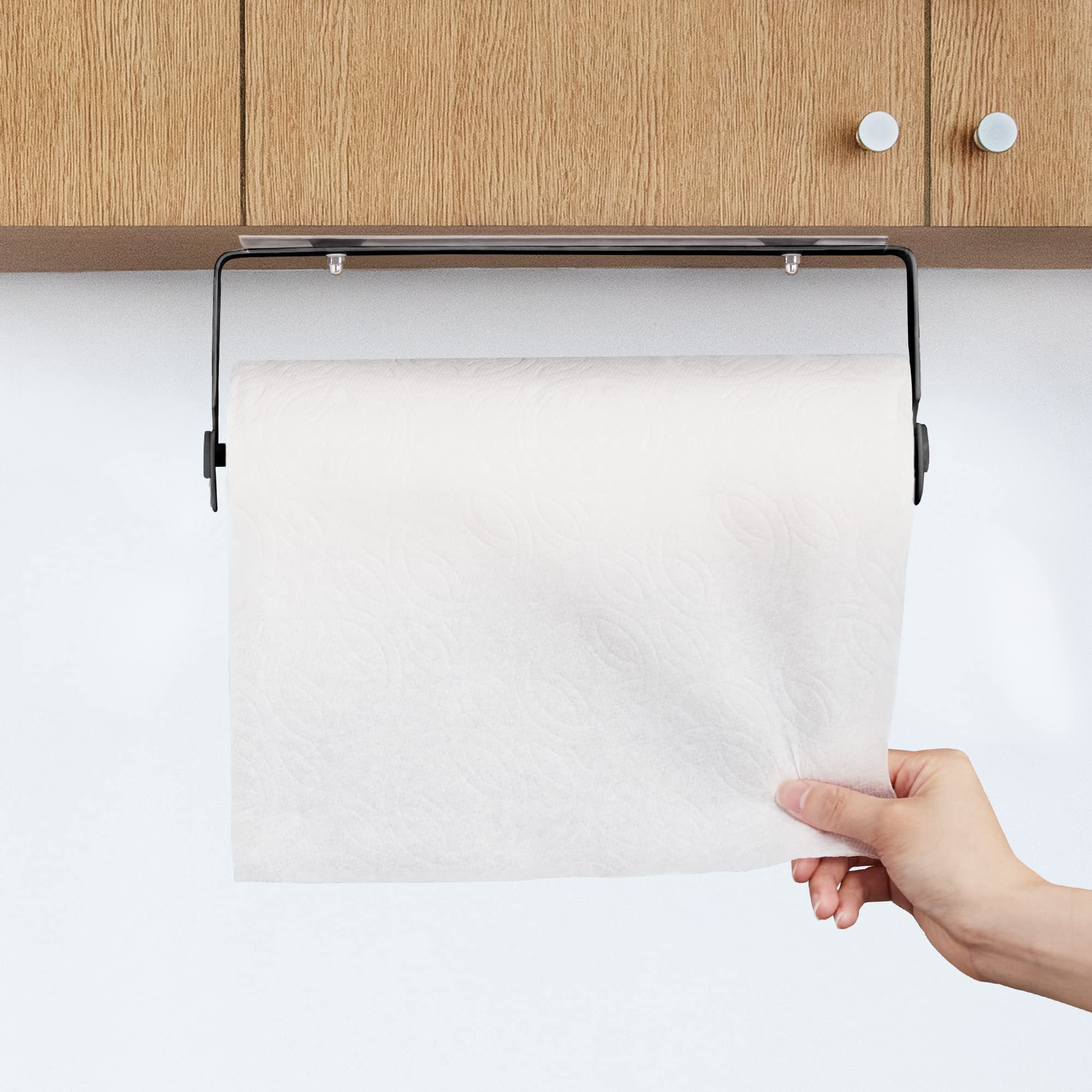 SMARTAKE Paper Towel Holder with Adhesive Under Cabinet, Wall Mounted & No Drilling, Rustproof Removable Kitchen Towel Holder for Home, Easy Tear, Black