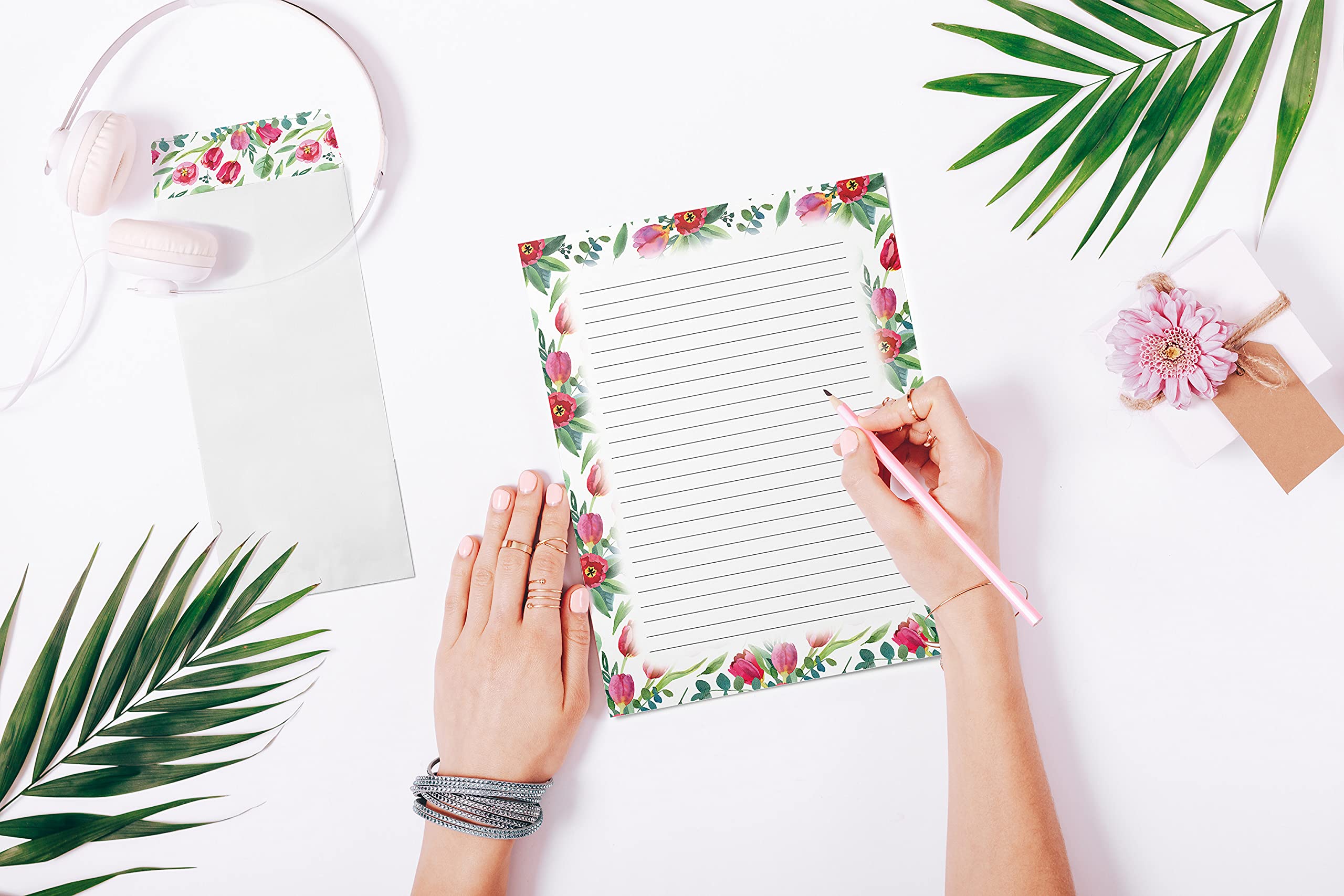 Floral Paper Stationery Set, 100 Piece Set (50 Lined Sheets + 50 Matching Envelopes), Letter Size 8.5 x 11 inch, 6 Designs, Double Sided/Lined Printing Paper, by Better Office Products