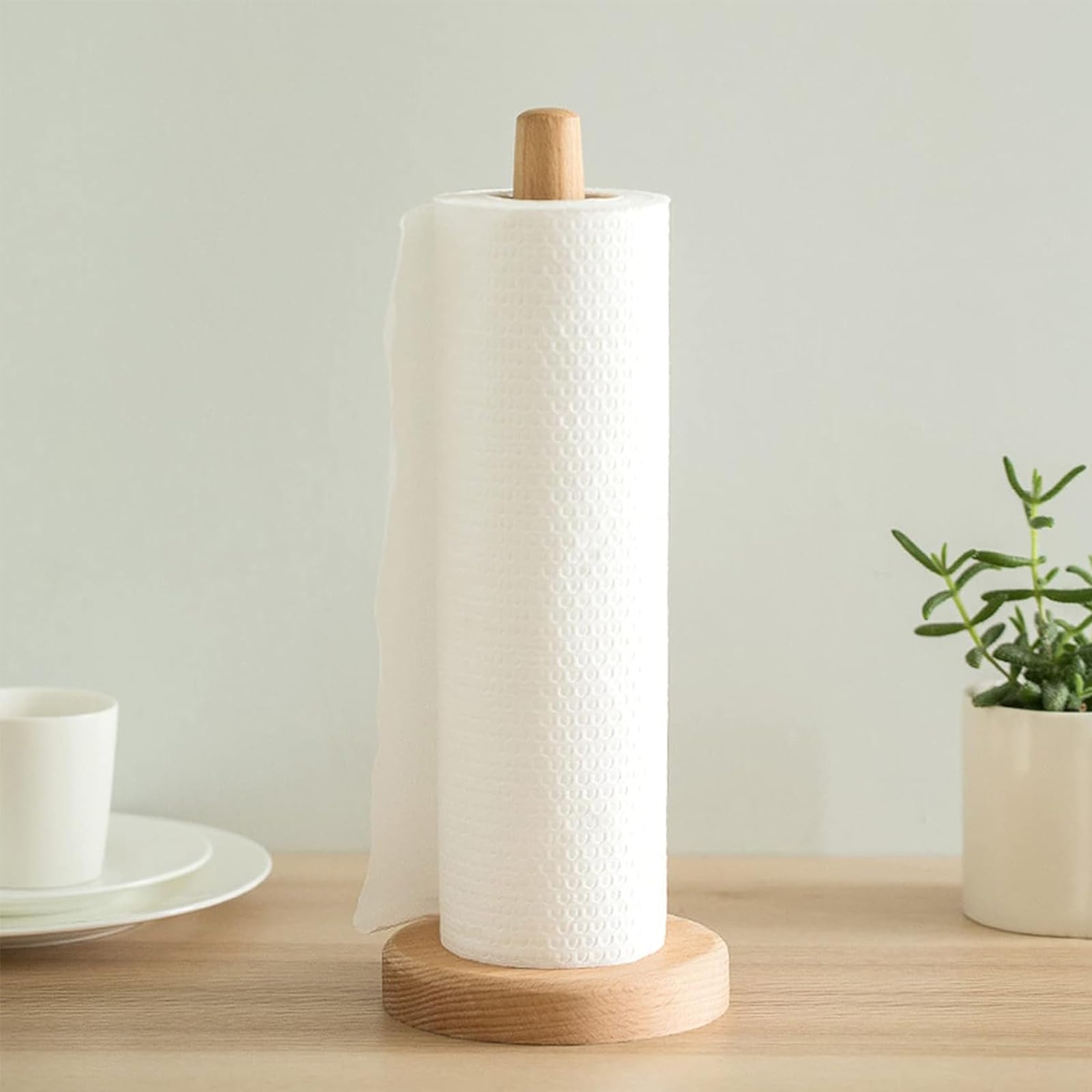 Paper Towel Holder ,DNIEBW Kitchen Paper Hanger Rack Bathroom Towel Roll Stand Organizer Simply Standing Countertop Wooden Paper Roll Holder for Cabinet,Table (Round Bottom)