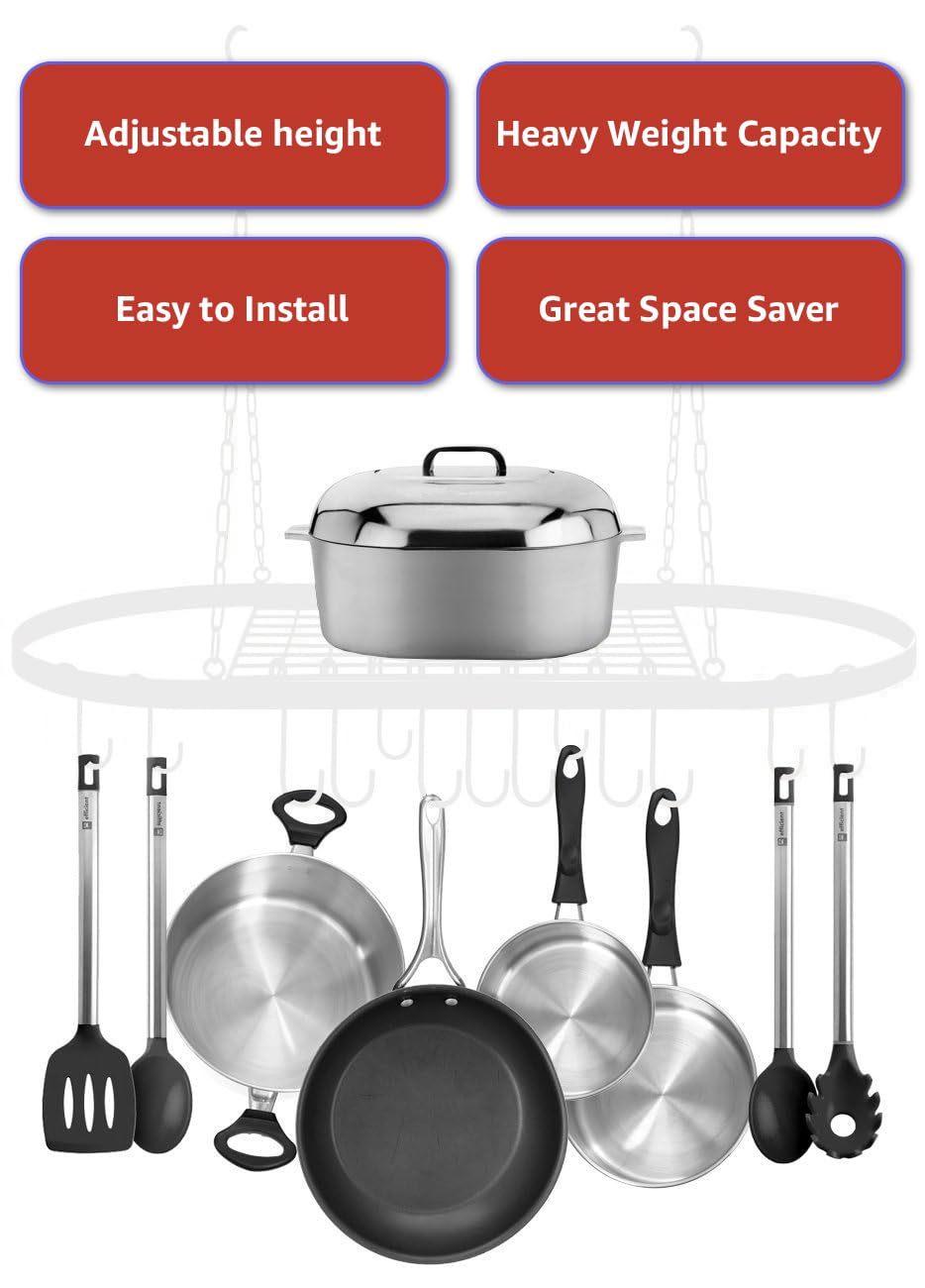 Sorbus® Pot and Pan Rack for Ceiling with Hooks — Decorative Oval Mounted Storage Rack — Multi-Purpose Organizer for Home, Restaurant, Kitchen Cookware, Utensils, Books, Household (Hanging Chrome)