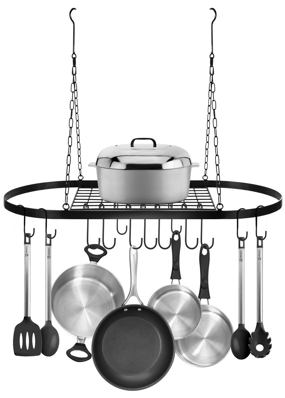 Sorbus® Pot and Pan Rack for Ceiling with Hooks — Decorative Oval Mounted Storage Rack — Multi-Purpose Organizer for Home, Restaurant, Kitchen Cookware, Utensils, Books, Household (Hanging Chrome)