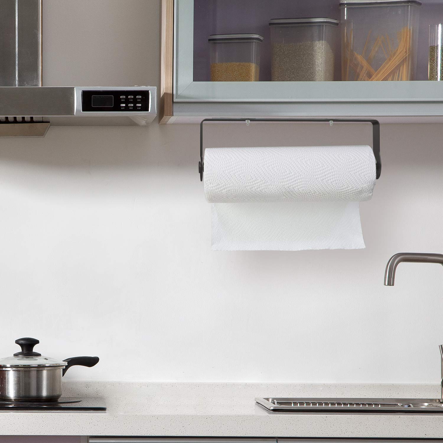SMARTAKE Paper Towel Holder with Adhesive Under Cabinet, Wall Mounted & No Drilling, Rustproof Removable Kitchen Towel Holder for Home, Easy Tear, Black