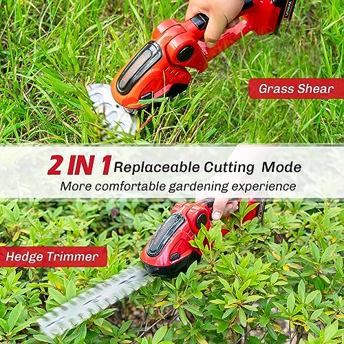SCHTUMPA 21V 1260-RPM Cordless Grass Shears, 2-in-1 Mini Hedge Trimmer Cordless, Handheld Grass Trimmer Cordless, Electric Bush Trimmer Cordless, 2 Batteries and Charger Included,Red