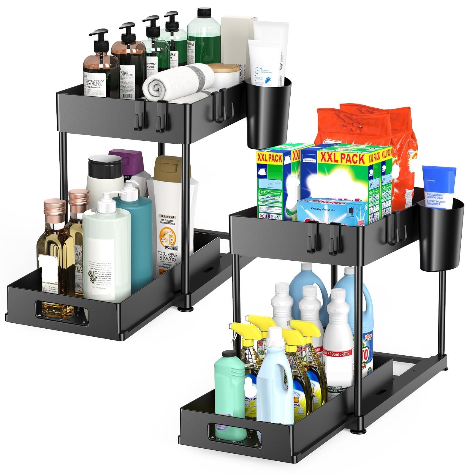 Kjfeoiye Under Sink Organizers and Storage, 2 Pack Large Capacity Heavy Load Pull-out Under Sink Shelves with Sliding Drawer for Kitchen and Bathroom, Black, 12 x 8.7 x 15.7 inch