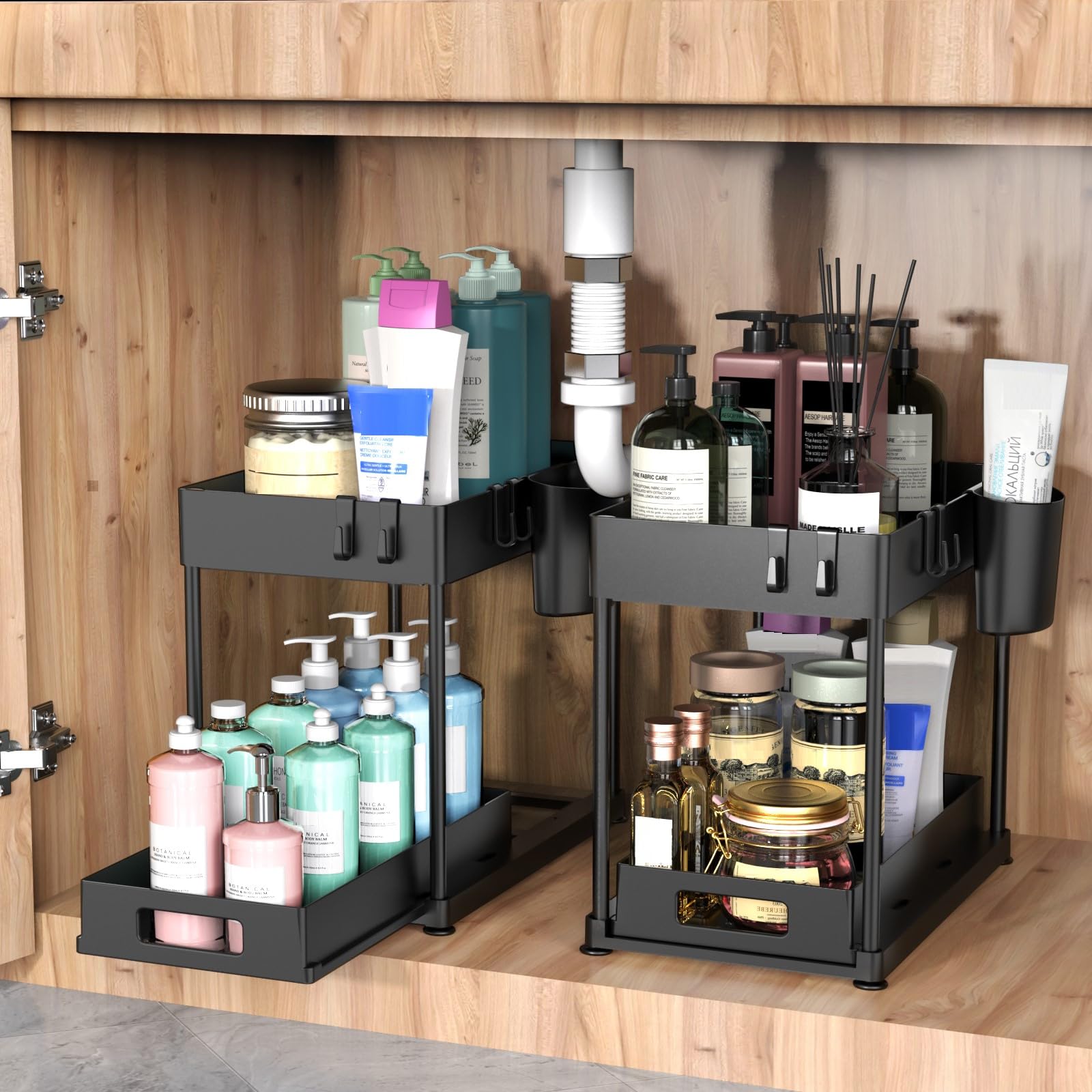 Kjfeoiye Under Sink Organizers and Storage, 2 Pack Large Capacity Heavy Load Pull-out Under Sink Shelves with Sliding Drawer for Kitchen and Bathroom, Black, 12 x 8.7 x 15.7 inch