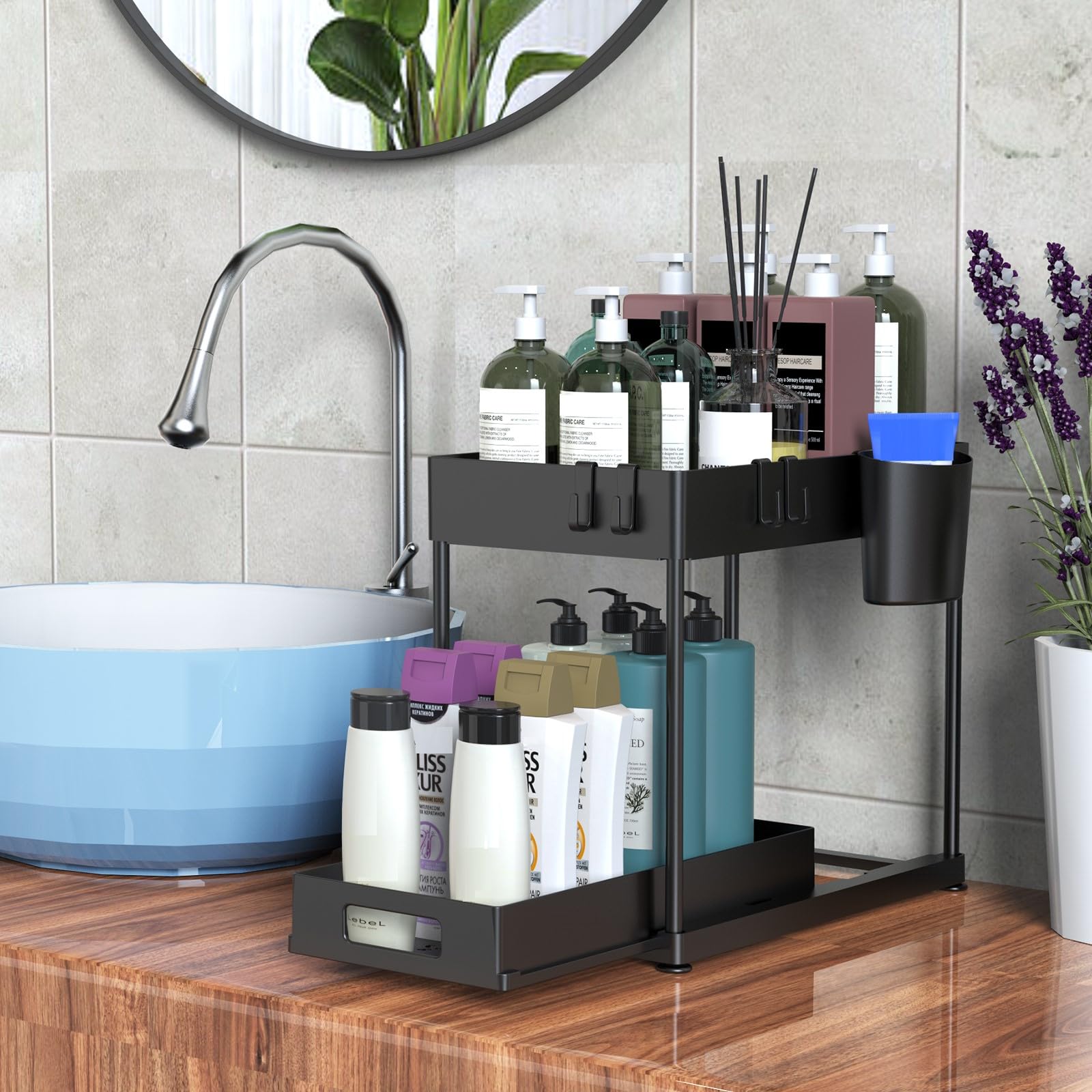Kjfeoiye Under Sink Organizers and Storage, 2 Pack Large Capacity Heavy Load Pull-out Under Sink Shelves with Sliding Drawer for Kitchen and Bathroom, Black, 12 x 8.7 x 15.7 inch